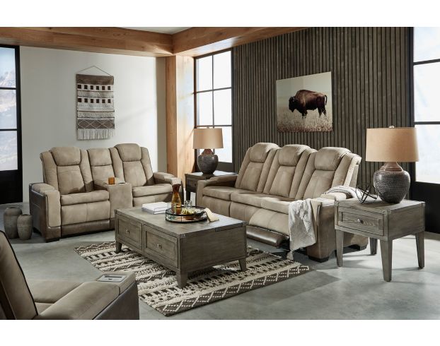 Ashley Next-Gen Sand Power Reclining Sofa with Drop Down Table | Homemakers